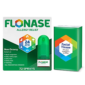 Flonase Allergy Relief Nasal Spray, 24-Hour Non-Drowsy Multi-Symptom Relief - 72 Sprays plus Bonus Pack of Tissues