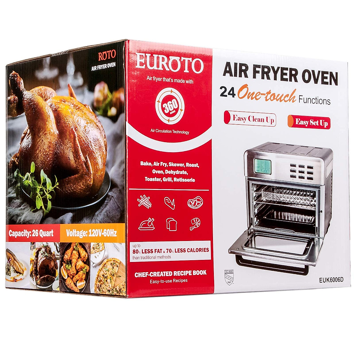 EUROTO Stainless Steel Large Capacity 26.8 QT Air Fryer Oven, 24 in 1 Multi-function, 360 Air Circulation Toaster Oven, LCD digital Display, 4 Layer Shelves, Included Oven Gloves & Apron Up to 450°F