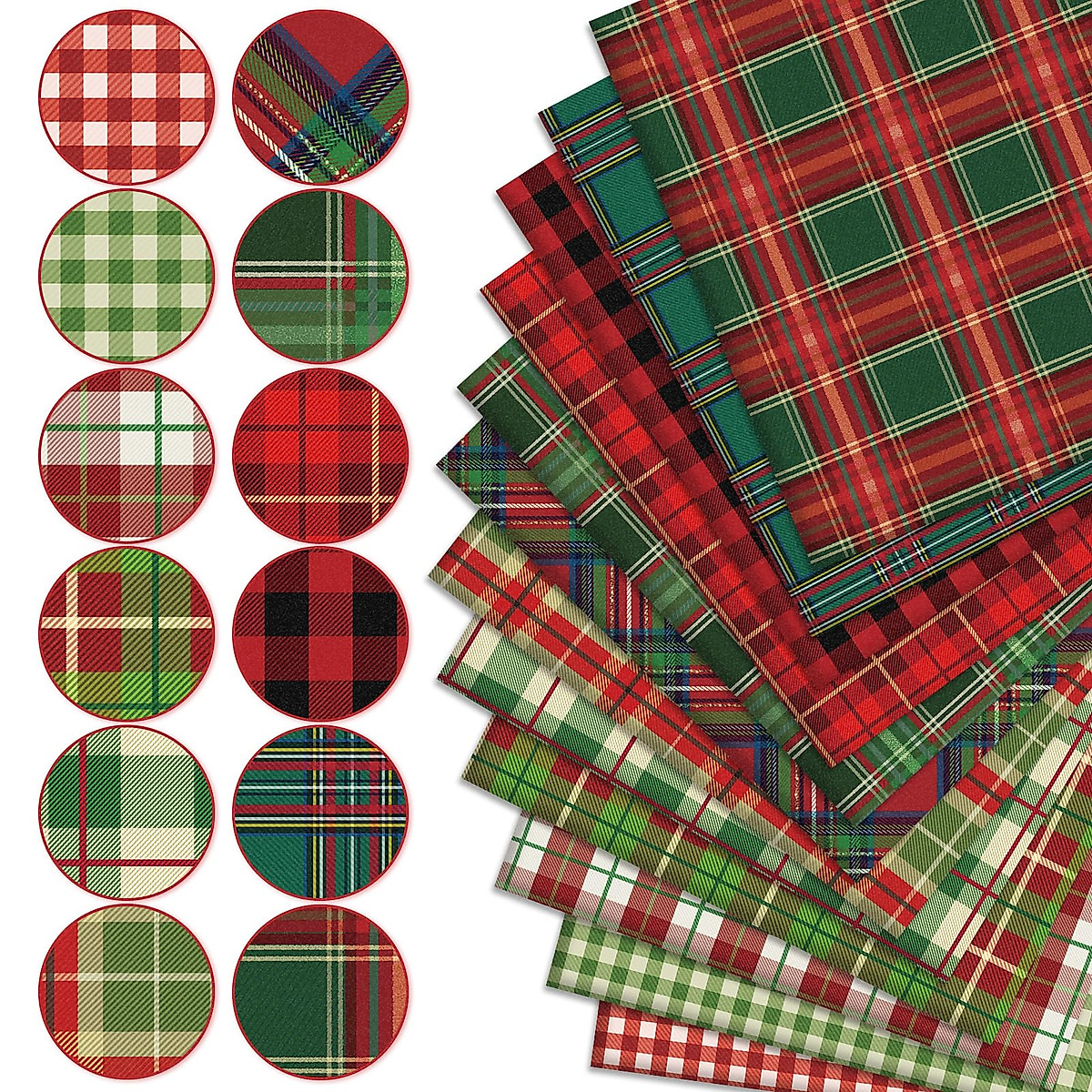 Whaline 12Pcs Christmas Cotton Fabric Bundles Buffalo Plaid Xmas Fat Quarters Red Green Checkered Printed Sewing Fabrics for DIY Handmade Crafting, 18 x 22 Inch