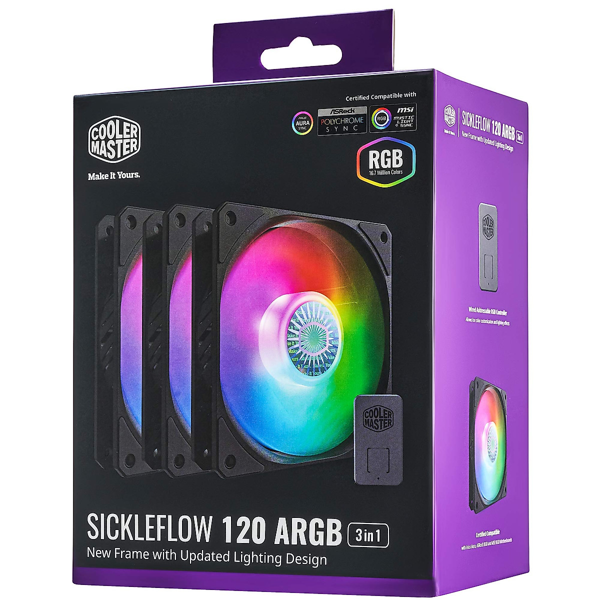 Cooler Master SickleFlow 120 ARGB 3N1 Pack Case & Cooling Fan – Controller Included, ARGB Motherboard Compatible, Translucent Air Balance Blades, 62 CFM, 2.5 mmH2O, 8 to 27 dBA - ARGB