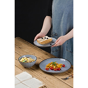 Famiware Dinnerware Sets for 4, Ocean Round 12-Piece Kitchen Plates and Bowls Sets, Reactive Glaze, Microwave and Dishwasher Safe, Scratch Resistant, Blue