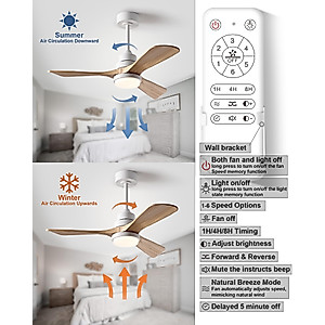 FXZZ 42" Wood Ceiling Fans with Lights and Remote, Quiet Reversible DC Motor and 3 Color LED Light, 3 Blades 6 Speed Ceiling Fan for Farmhouse Living Room Bedroom Dining Room Workroom Study