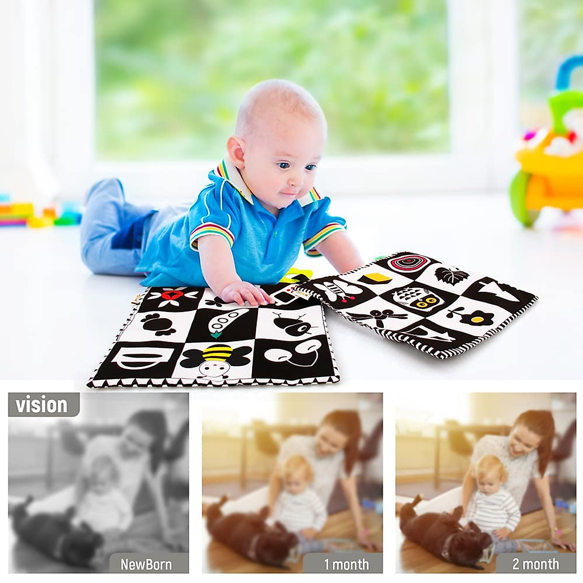 Tummy Time Play Mat, High Contrast Baby Toys,Black and White Activity Mat with Teether for Babies 0+ Months,0+Months Infant Early Educational Crinkle Toys,Baby Boy Sensory Learning Toys - Pack of 3