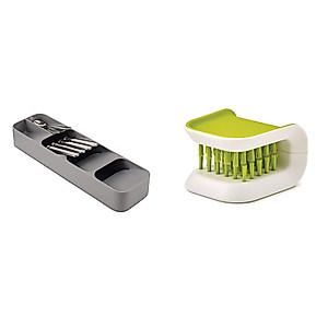 Joseph Joseph DrawerStore Compact Cutlery Organizer Kitchen Drawer Tray, Small, Gray & BladeBrush Knife and Cutlery Cleaner Brush Bristle Scrub Kitchen Washing Non-Slip, One Size, Green
