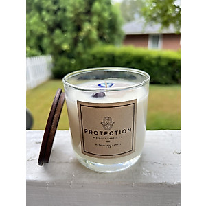 Evil Eye Protection Candle, Pink Quartz, Amethyst Infused, Lavender and Chamomile Scent, 10 oz Glass Jar with Hamsa Hand Positive Energy Beeswax and Soy Wax