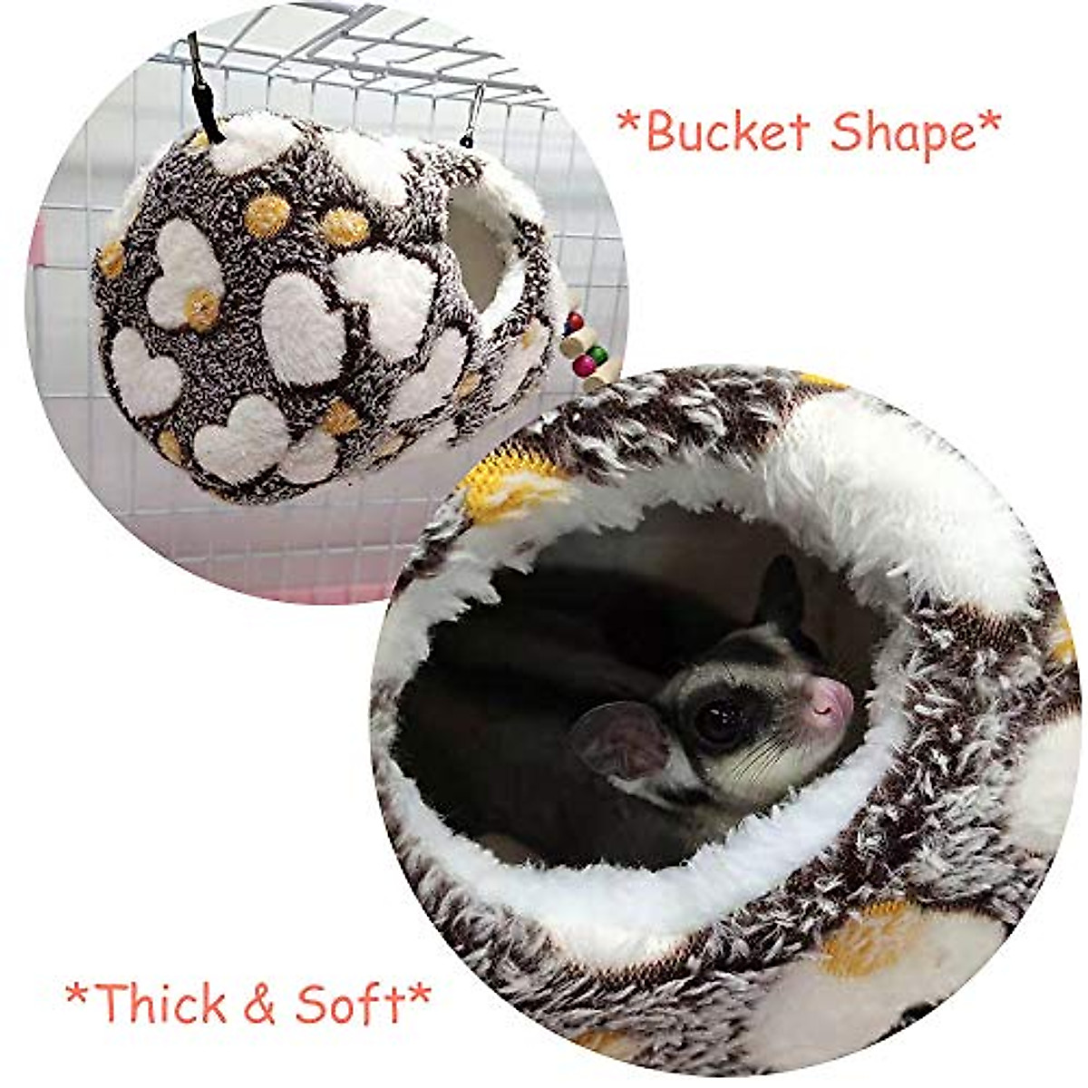 Hanging Tunnel for Small Animals, Bucket Shape Warm Sugar Glider Hammock Nest, Critter Cage Accessories Bedding for Hamster Hedgehog Gerbil Rat