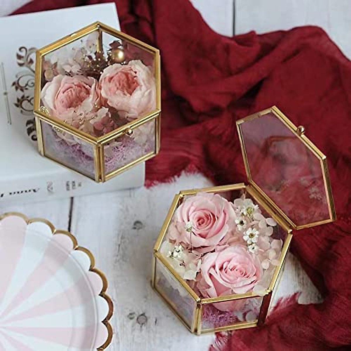 BEAUTY ONE HOME Small Glass Jewelry Box Golden Geometric Decorative Box Ring Earring Display Hexagon Keepsake Box for Wedding Birthday Gift