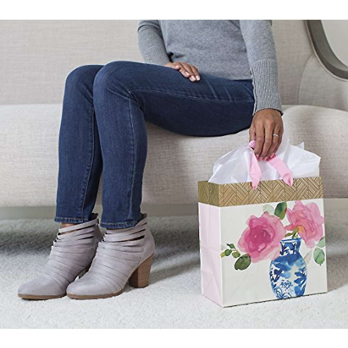 Hallmark 10" Large Square Gift Bag (Watercolor Flower and Vase) for Birthdays, Mothers Day, Anniversary, Bridal Showers and More