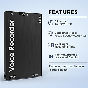 Chasesun Voice Recorder - 64GB Digital Voice Recorder 750 Hours Recording Capacity Recording Device with Playback,Can Be Use as MP3 Suitable for Meetings Lectures Black 4.5X7X0.7