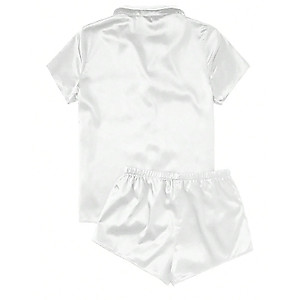 Womens 2 Piece Satin Pajama Sets Short Sleeve Button Down Shirt and Shorts Silk Sleepwear Solid Color Loungewear