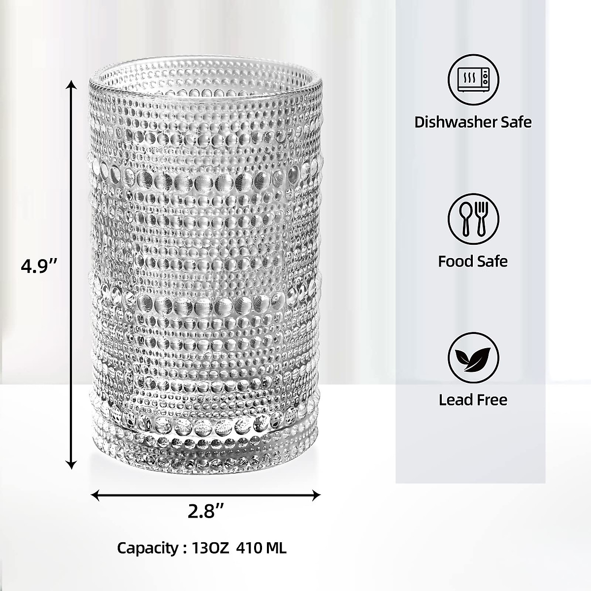 Hobnail Glasses Set of 6 Highball Vintage Drinking Glasses 13OZ Clear Embossed Vintage Glassware Hobnail Glass Cup for Water, Juice,Cocktail, Wine, Beer, Whiskey for Thanksgiving Day, Christmas Gift