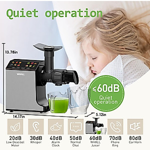 whall Masticating Slow Juicer, Professional Stainless Juicer Machines for Vegetable and Fruit, Touchscreen Cold Press Juicer with 2 Speed Modes,Silver