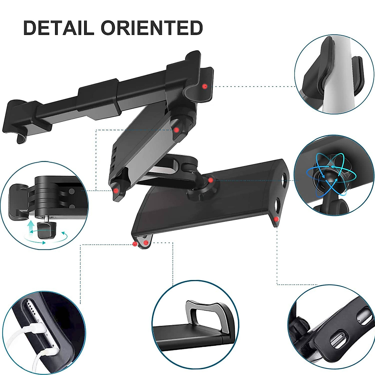 Timewall Car Headrest Tablet Mount, Backseat Seat Universal Tablet Cell Phone Holder 360° Swivel Rotating Angle Adjustable Stretchable for iPad iPhone, Samsung, Switch, 5-11" Tablet Phone Black