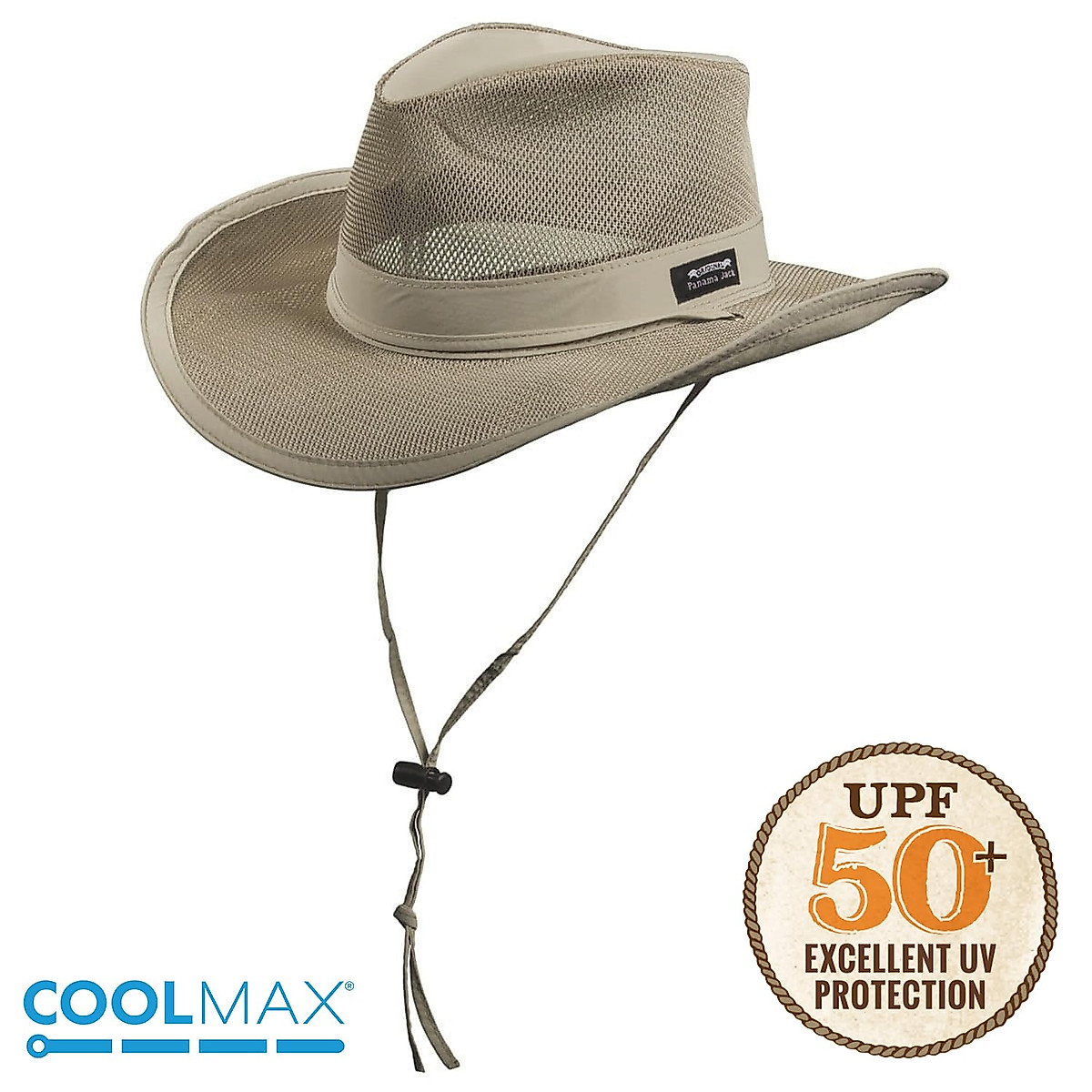 Panama Jack Mesh Crown Safari Sun Hat, 3" Brim, Adjustable Chin Cord, UPF (SPF) 50+ Sun Protection (Khaki, X-Large)