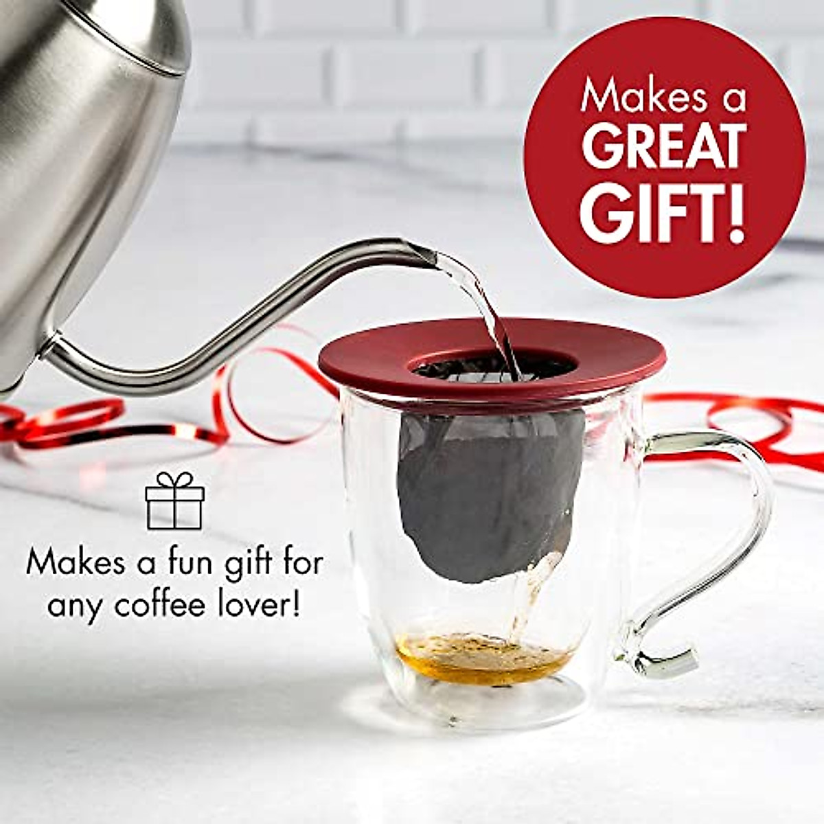 Primula Brew Buddy Portable Pour Over, Reusable Fine Mesh Filter, Dishwasher Safe, Single Serve Coffee or Tea at Any Strength, Ideal for Travel or Camping, Red, 2-Pack