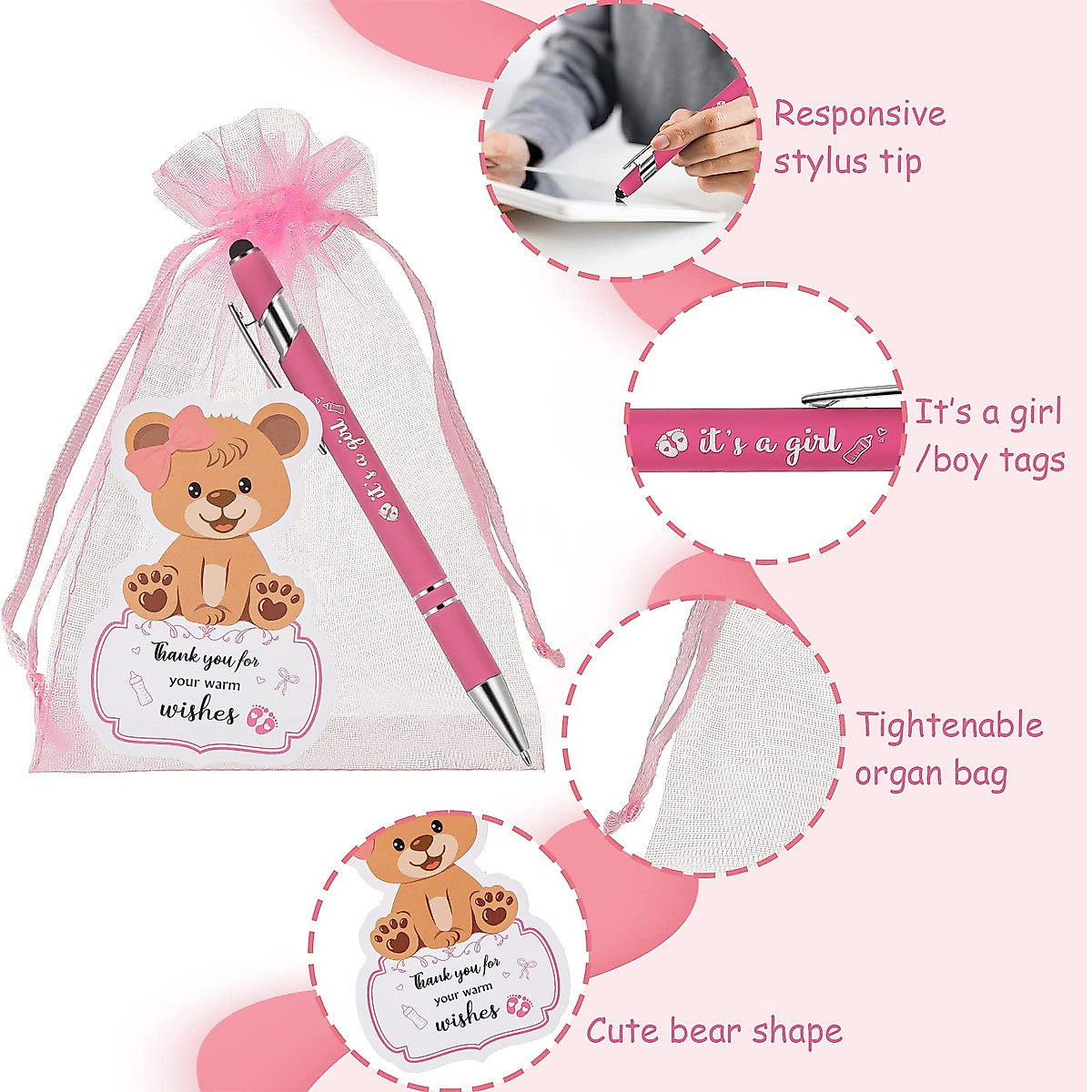 Estune 108 Pcs Baby Shower Pens Set It's a Pen with Stylus Tip 2 in 1 Ink Pens Boy Girl Baby Shower Gifts Card Organza Bags Baby Shower Party Favors for Guests Office Writing Journaling (Pink)