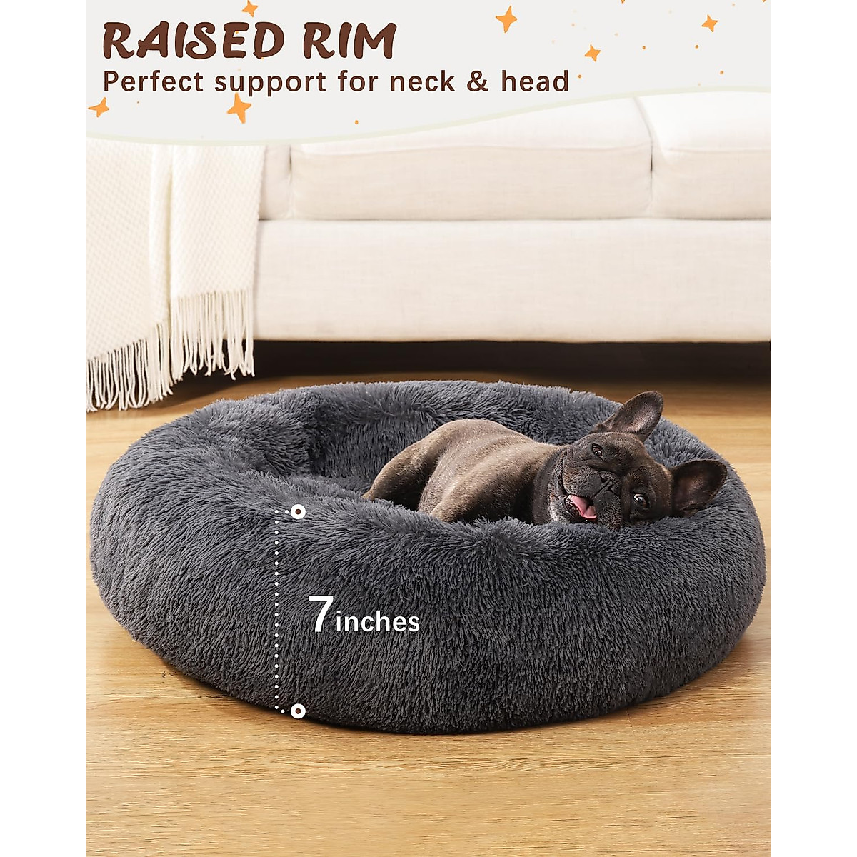KSIIA Calming Dog Bed Anti-Anxiety Round Donut Dog Beds for Small Dogs Cat Beds for Indoor Cats Fluffy Comfort Small Dog Bed with Ultra-Soft Plush Washable Dog Bed with Non-Skid Bottom, 23", Gray