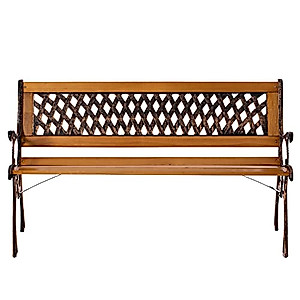 Gardenised QI003462L Outdoor Classical Wooden Slated Park, Steel Frame Seating Bench for Yard, Patio, Garden, Balcony, and Deck, Brown