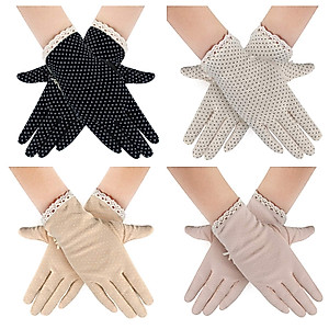 MarJunSep 4 Pairs Summer Women Dots Sun Uv Protection Gloves Cotton Lace Anti-skid Driving Gloves