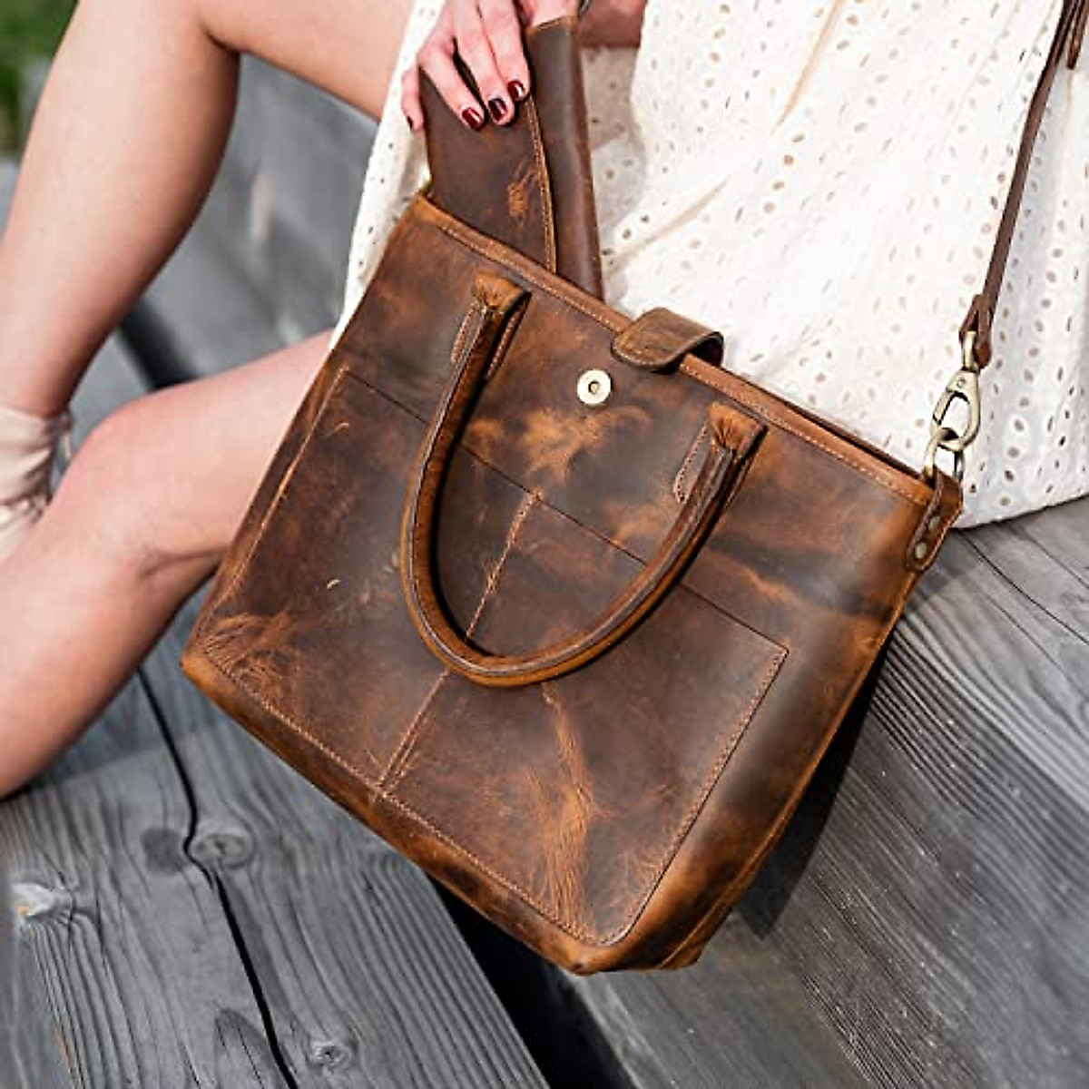 Leather Crossbody Tote Bag Shoulder Bag for Women with Adjustable Strap (Vintage Brown)