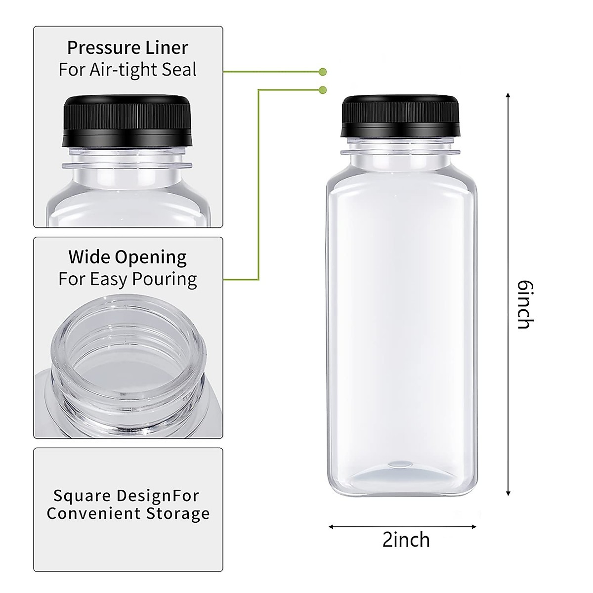 HIQQUGU 6 Pcs 10 OZ Plastic Juice Bottles, Reusable Bulk Beverage Containers, For Juice, Milk And Beverages, with Black Lids.