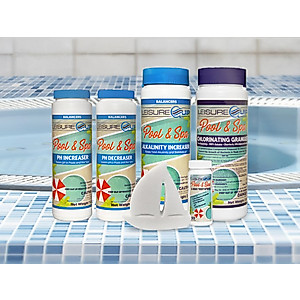 LeisureQuip Pool & Spa Chlorine & Balancer Chemical Startup Bundle with Test Strips, Scum Absorber, & Ebook for Pools & Hot Tubs