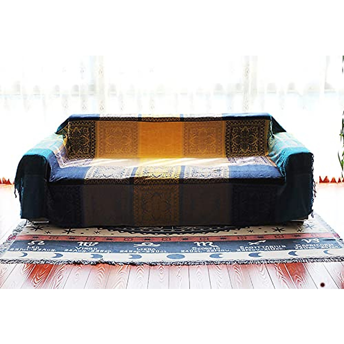 FinalNest Bohemian Tribal Throws Blankets Reversible Colorful Red Blue Boho Hippie Chenille Jacquard Fabric Throw Covers Large Couch Furniture Sofa Chair Loveseat Recliner Oversized (Blue, L:102x87)