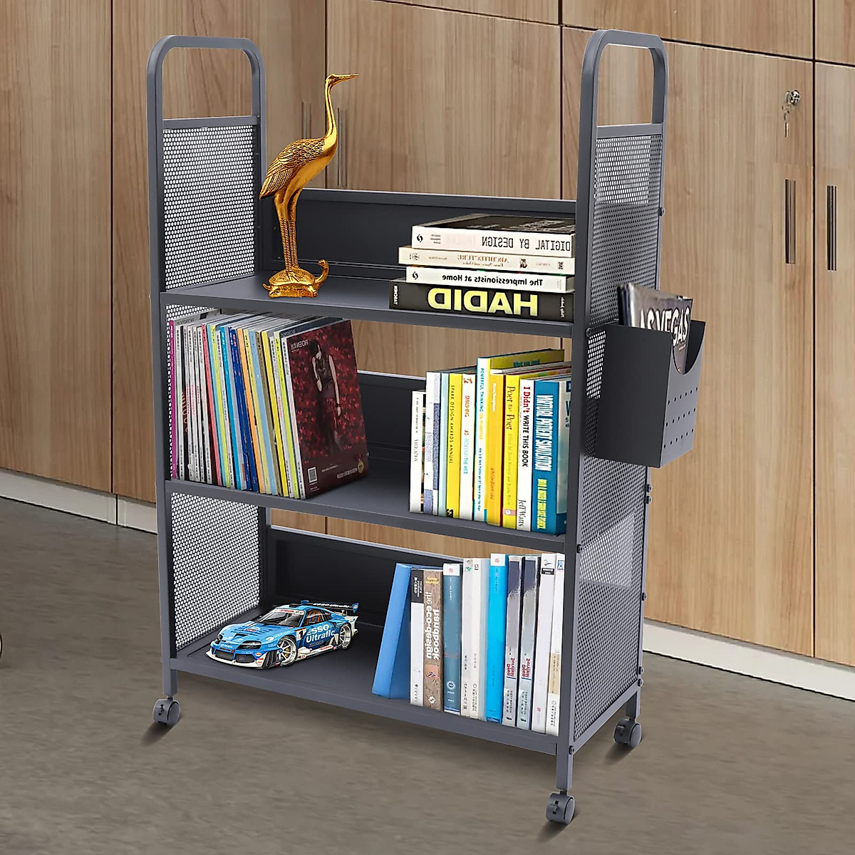 DDBESSIC Rolling Book Cart, 3 Tier Book Rack Storage Bookshelf with 3 Flat Shelves, Movable Bookcase with Wheels Utility Organizer Cart Side Literature Rack