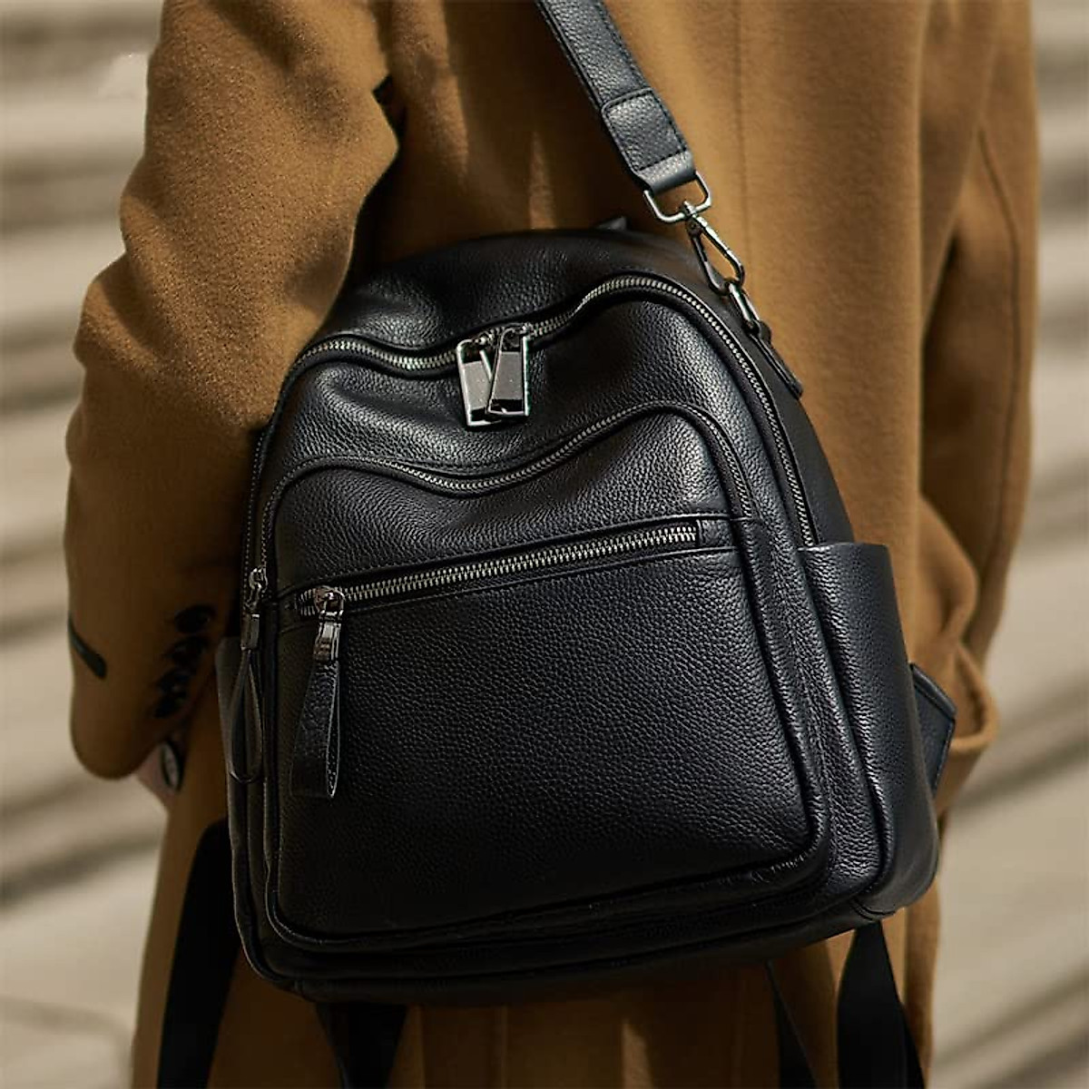 Wesccimo Genuine Leather Backpack Purse For Women Black Real Soft Leather Travel Convertible Shoulder Bag