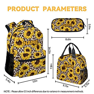 Homexzdiy Custom Kids Girls Backpack with Lunch Box Set, Set of 3 Sunflower School Backpacks Matching Combo, Personalized Fashion Yellow Bookbag and Pencil Case Bundle