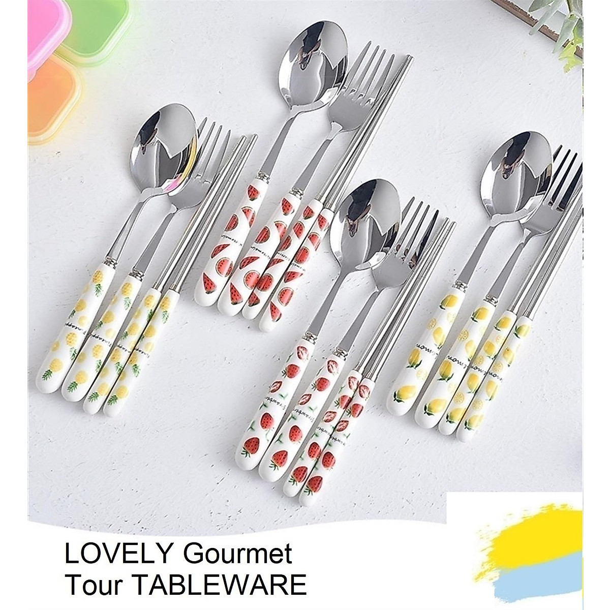 SENIDIKE Silverware Set, Ceramic Handle Dinnerware Set Flatware Kitchen Accessories Camping Travel Sets Fork Spoon Portable Cutlery Sets with Case, Lemon Strawberry Watermelon Pineapple Fruit series