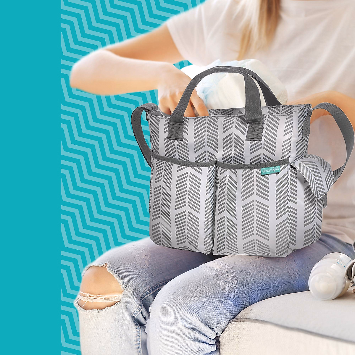 Diaper Bag/Breast Pump Tote Bag- Stylish Arrows, Functional Baby Stroller Organizer - Adjustable Stroller Strap - Eight Total Pockets - Easy to Clean - BONUS: Baby Changing Pad…