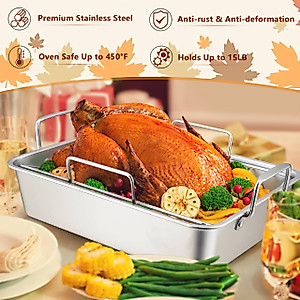 LIANYU Roasting Pan, 14 Inch Turkey Roaster Pan with 2 Racks, Heavy Duty Stainless Steel Lasagna, Pan, Deep Broiling Pan for Turkey, Chicken, Dishwasher Safe
