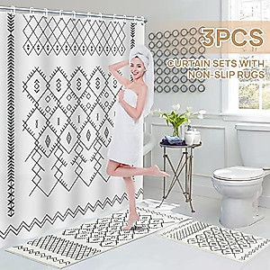 Sunhop Luxury Shower Curtain Set 3PCS, Bathroom Sets with Shower Curtain and Rugs, Ultra Soft Faux Wool Water Absorbent Bath Rugs, Durable Waterproof Shower Curtain with 12 Hooks (White, 71" x 71")