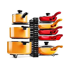 MUDEELA Pots and Pans Organizer for Cabinet Pan Organizer Rack for Cabinet with 3 DIY Methods, Adjustable Pot Organizer Rack with 8 Tiers, Pan Pot Rack for Kitchen Organization and Storage