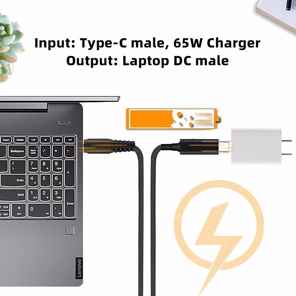 CY Cable Type C USB-C Input Source 65W to DC 4.0x1.3mm Power Charge Cable 19.5V Compatible with Laptop 18-20V