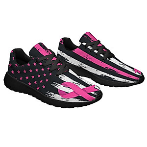 Breast Cancer Awareness Shoes Women Fashion Breathable Running Sneakers Cancer Pink Ribbon Shoes for Ladies Black Size 5
