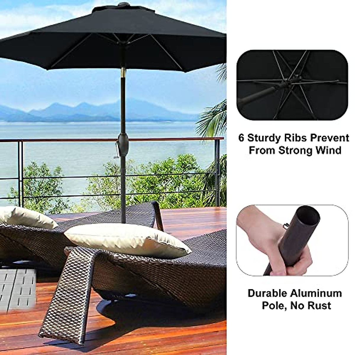 windaze 7.5ft Patio Table Umbrella - Outdoor Market Umbrella with Push Button Tilt and Crank for Garden, Lawn, Backyard, Deck, Pool and Beach, Black