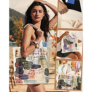 Miss Adola Aesthetic Heavy Canvas Tote Bag with Pocket for Women, Chic Bible Quote Collages Design Casual Sturdy Christian Cloth Cotton Gusseted Totes Bag with Pattern for Vacation, Shopping, Gym
