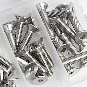 M5 x 8mm 12mm 16mm 20mm 25mm Flat Head Hex Socket Cap Screws Countersunk Bolts, 304 Stainless Steel, Fully Threaded, Bright Finish, Metric Allen Hex Drive, Assortment Kit 50PCS