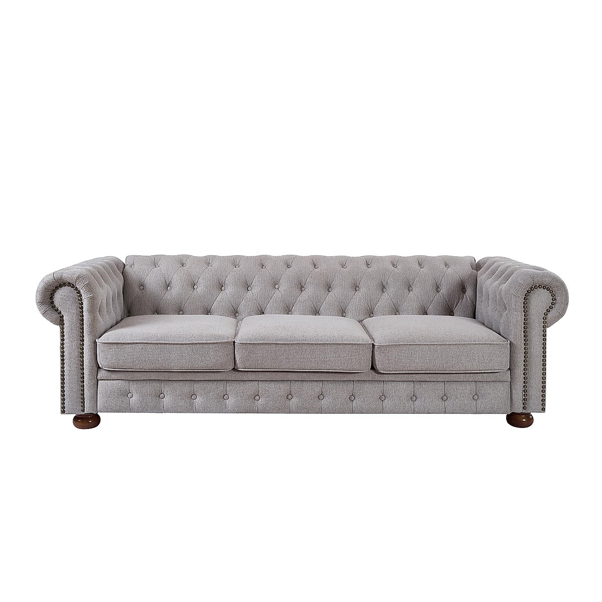 Bellemave Chesterfield Sofa Couch 3-Seater Sofa with Nailhead & Rolled Arms Linen Tufted Couch with Rubber Wood Legs for Living Room, Office (Light Grey)