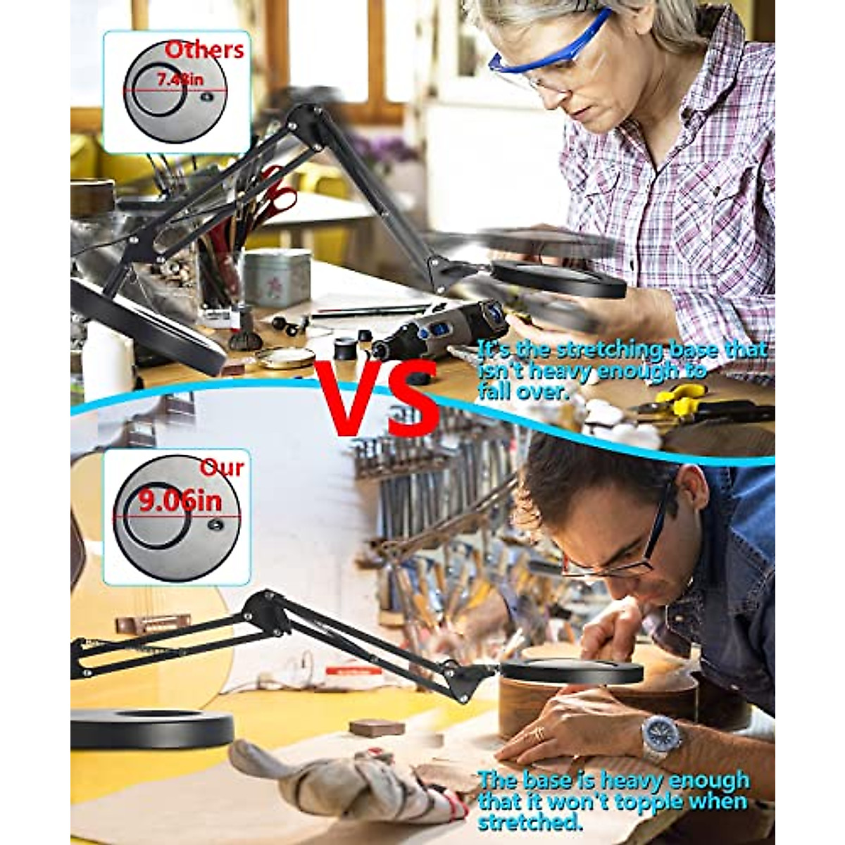 10X Desk Magnifying Glass with Light, NUEYiO 2-in-1 Heavy Duty Base&Clamp Magnifying lamp, 4.1'' Real Glass Len, 3 Color Stepless Dimmable LED Lighted Magnifier Glass for Soldering Crafts Sewing