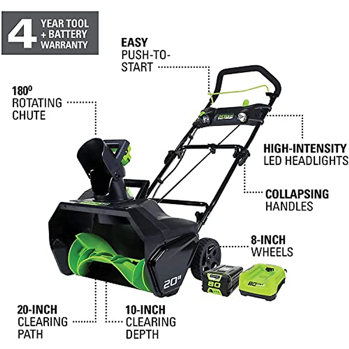 Greenworks Pro 80V 20 inch Snow Thrower with 2Ah Battery and Charger with Greenworks Pro 80V 4Ah Lithium Ion Battery GBA80400