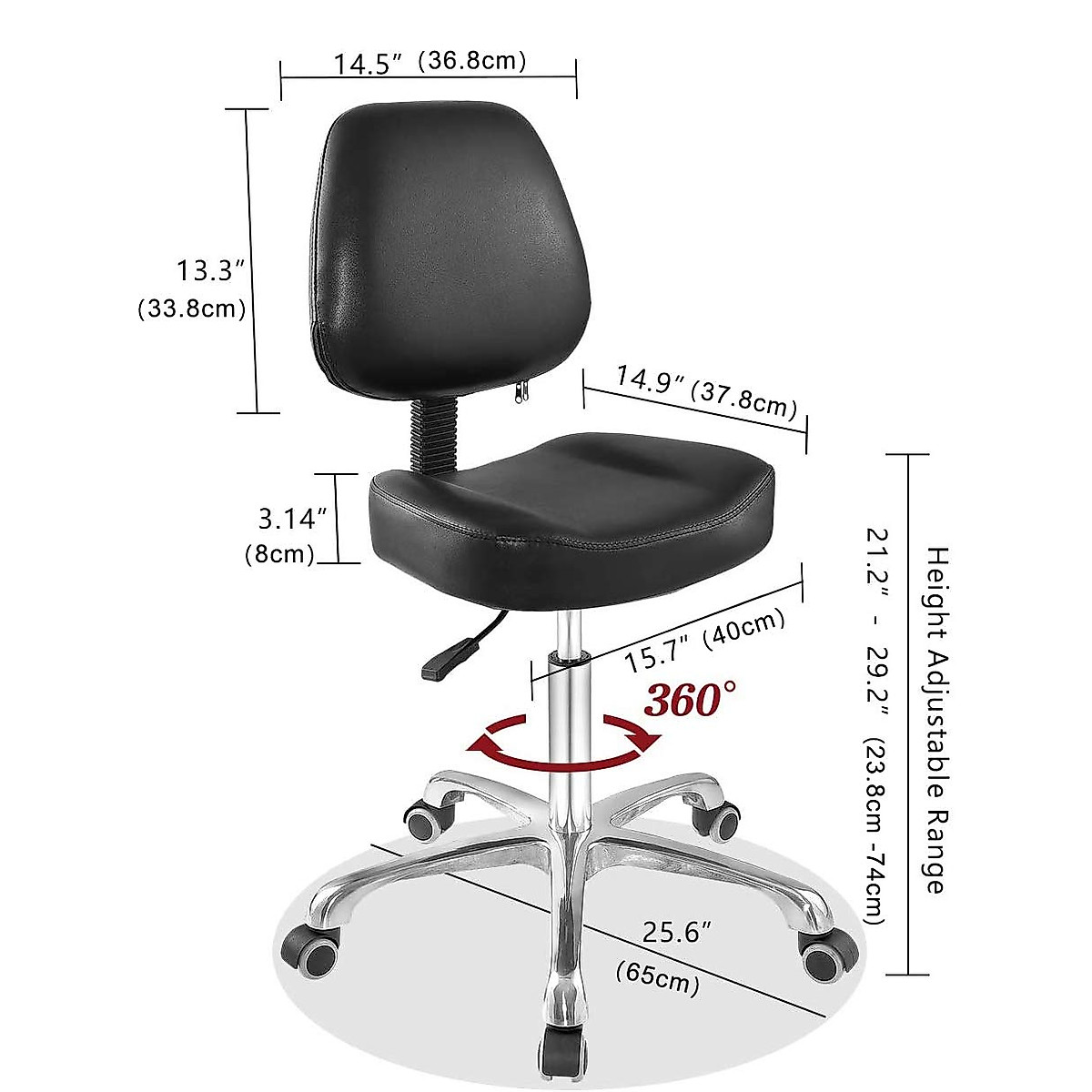 Grace&Grace Rolling Shop Stool Chair with Back Support for Drafting,Work,Studio,Workshop,Office,Rolling Vanity Chair with Wheels (Black, Without Foot Rest)