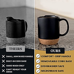 Ceramic Coffee Mug w/Lid and Cork Coaster Base - 12oz Slideproof Coffee Cups w/Handle and Sip and Cover Lid - Set of 2 Dishwasher Safe Ceramic Travel Mugs - Reusable Black Insulated Cup