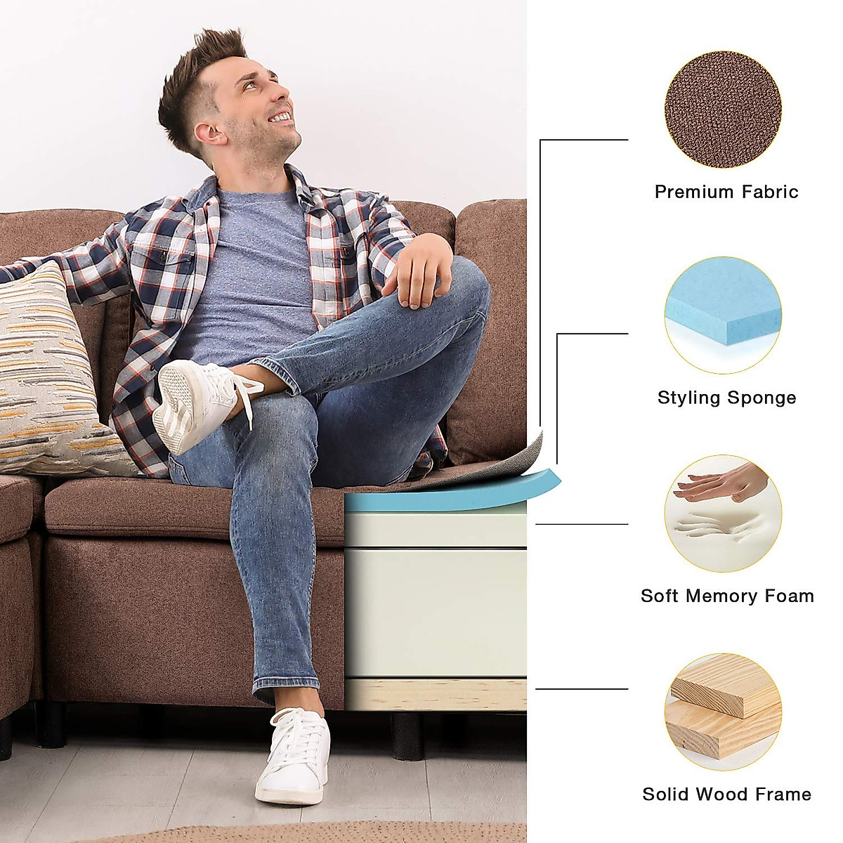 Flamaker Convertible Sectional Sofa L-Shaped Couch 3-seat Modern Fabric Reversible Sofa Couch for Living Room (Brown)