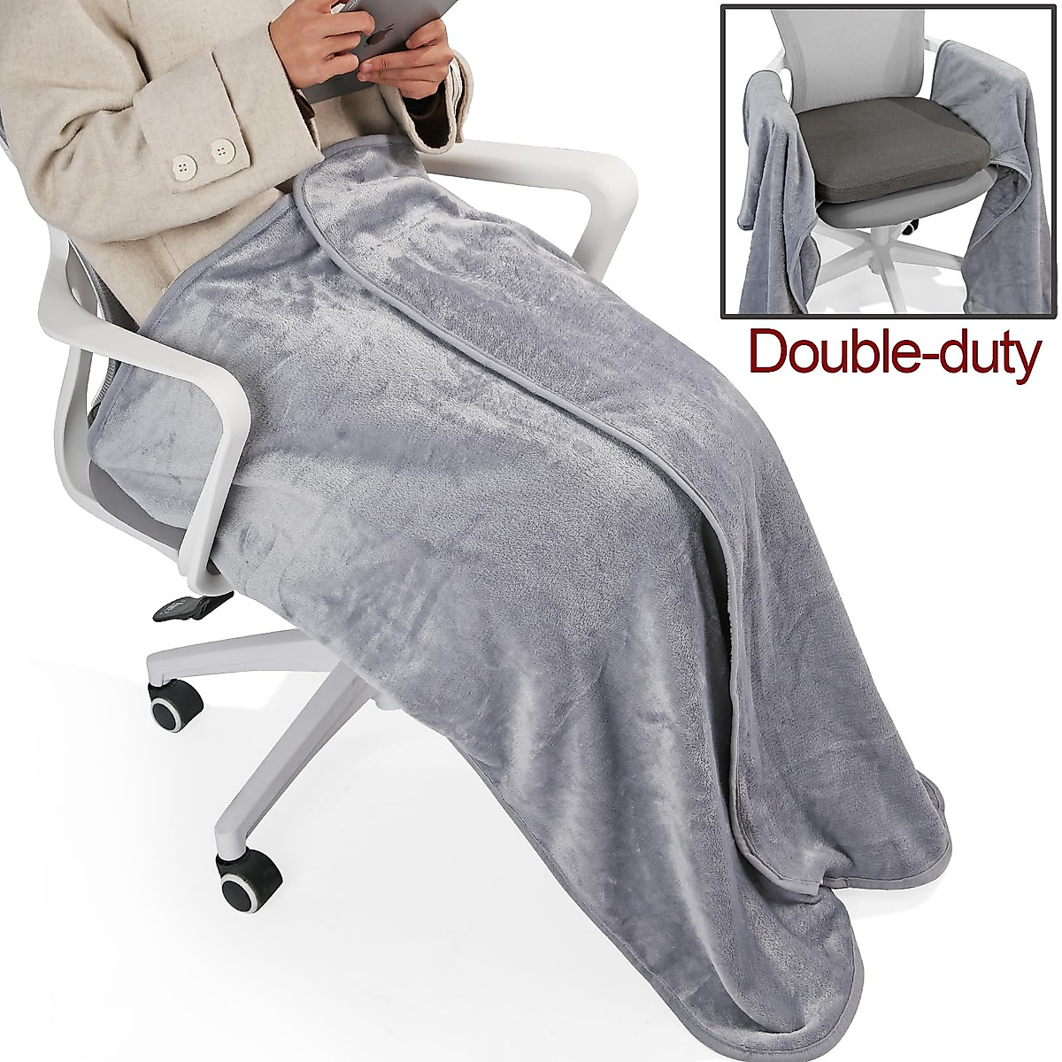 BUYUE Chair Cushion + Foldable Blanket 2 in 1, Comfortable High Density Foam Non-Slip Seat Cushion for Office Long Sitting, Soft Fleece Exclusive Patent Chair Pads for Desk Computer Chair, Gray