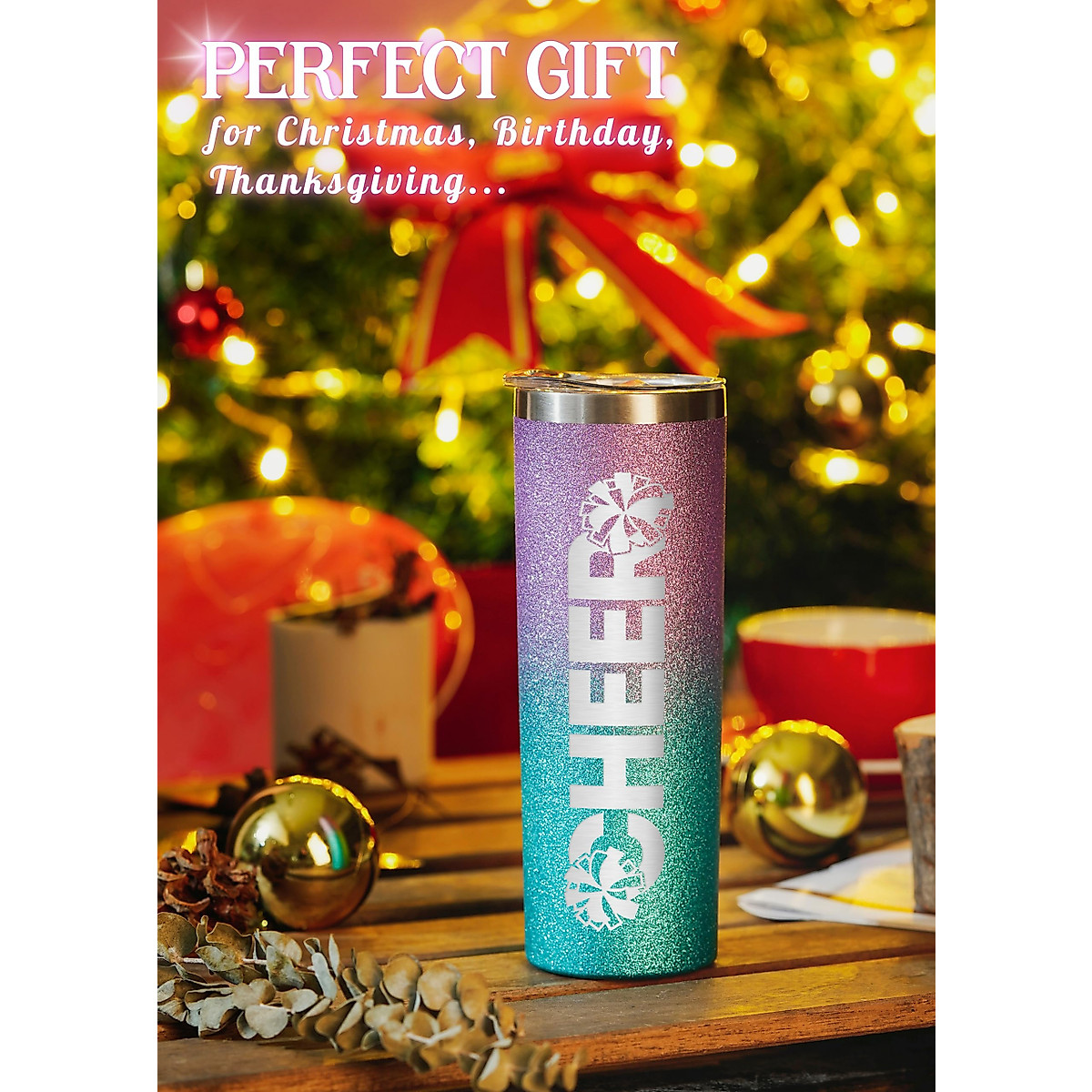 Onebttl Cheerleader Glitter Tumbler Gifts For Girls - Cheer - 20oz/590ml Stainless Steel Insulated Tumbler with Straw, Lid - Gift for Cheerleading, Coach or Cheer Squad - Glitter Purple Blue