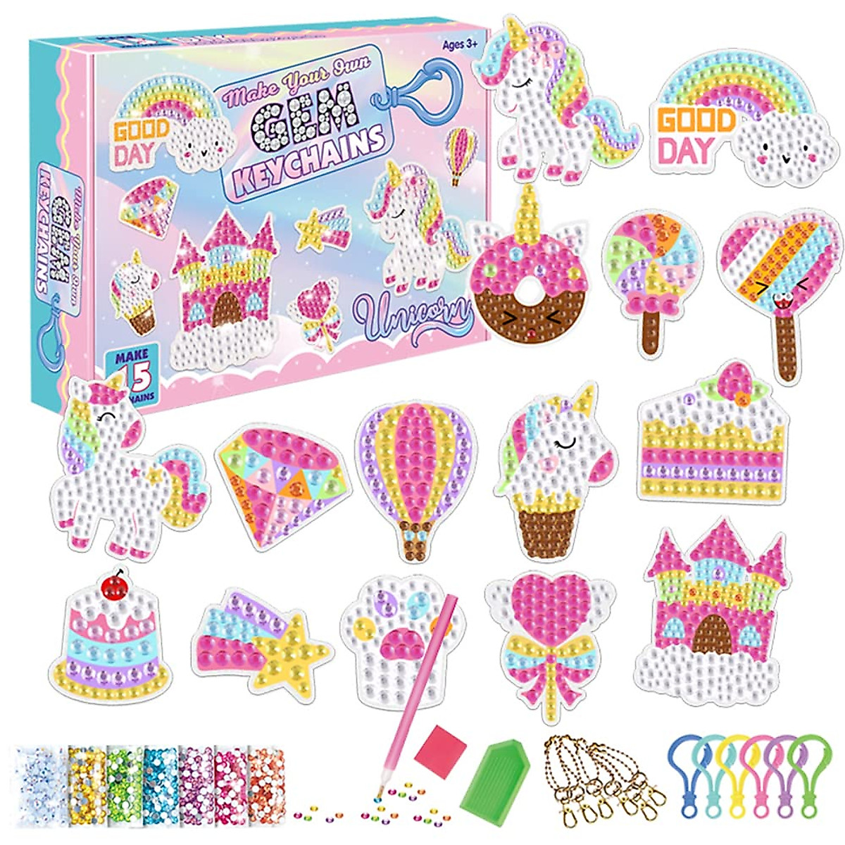 kungerlly 15 PCS Arts and Crafts GEM Keychains for Kids Ages 8-12,Diamond Painting Keychains Kits by Number,Mosaic Toys and Gifts for Girls Ages 3-5 4-6 6-8 (Unicorn Donut Set)