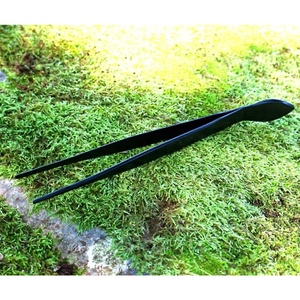 KAKURI Bonsai Tweezers Straight Serrated Tips with Spatula 8.8" Professional Bonsai Tool, Japanese Stainless Steel Black Coated, Made in JAPAN